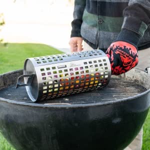 BBQ Dragon | Rolling Grill Basket | Food Grade Stainless Steel Grilling Basket | 13.5βx5.6β Cylinder | Vegetables, Shrimp, Fish, Chicken Wings | Snap Close Lid | Dishwasher Safe | Grilling Accessory