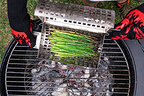 BBQ Dragon | Rolling Grill Basket | Food Grade Stainless Steel Grilling Basket | 13.5βx5.6β Cylinder | Vegetables, Shrimp, Fish, Chicken Wings | Snap Close Lid | Dishwasher Safe | Grilling Accessory