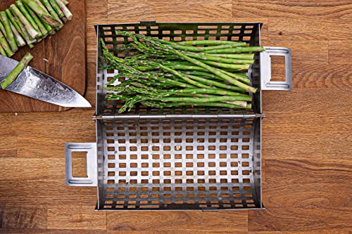 BBQ Dragon | Rolling Grill Basket | Food Grade Stainless Steel Grilling Basket | 13.5βx5.6β Cylinder | Vegetables, Shrimp, Fish, Chicken Wings | Snap Close Lid | Dishwasher Safe | Grilling Accessory