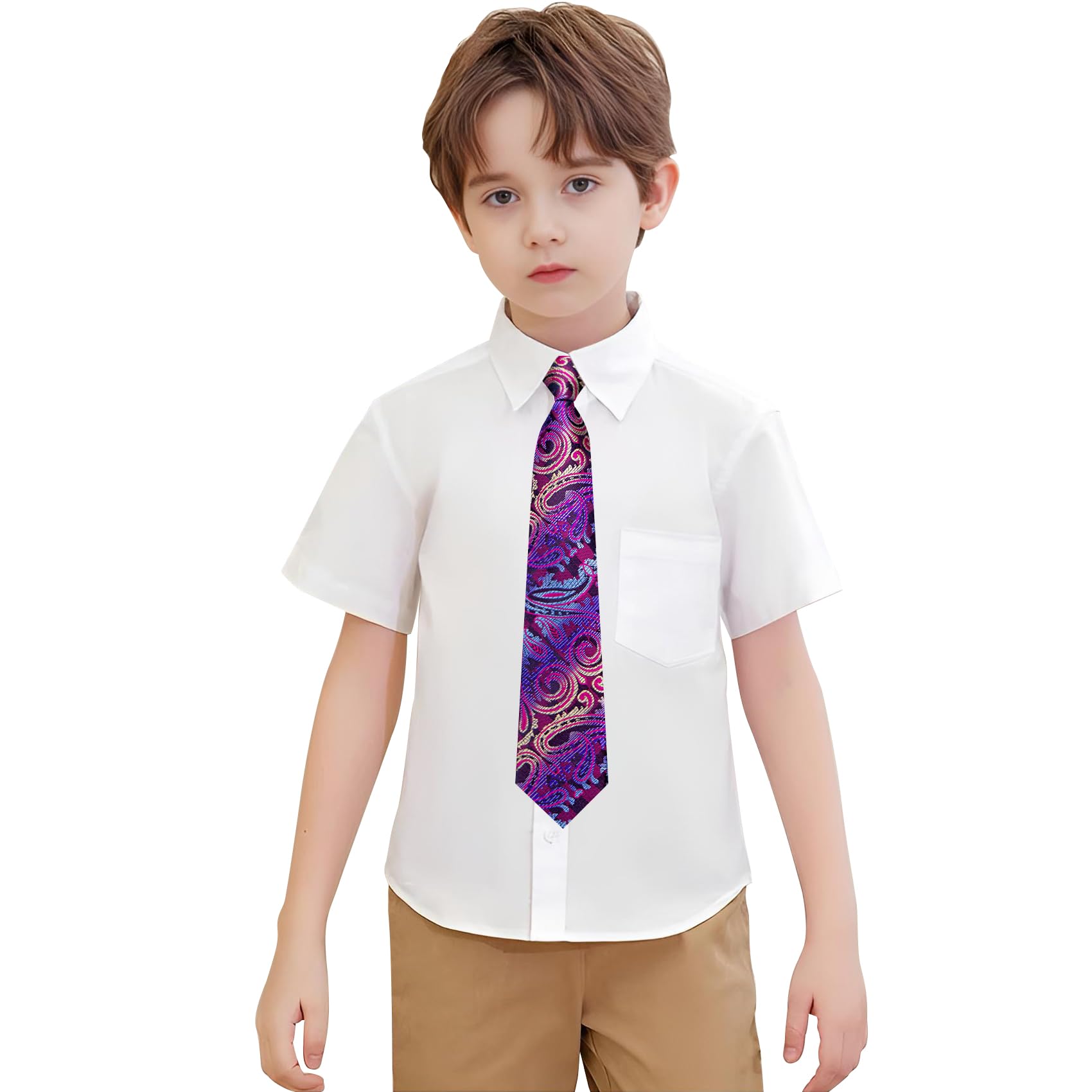 Hi-Tie Silk Boys Tie 8-14 Self-Tied Ties for Boy Paisley Solid Kid Necktie and Pocket Square Set for Wedding,Purple