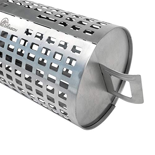 BBQ Dragon | Rolling Grill Basket | Food Grade Stainless Steel Grilling Basket | 13.5βx5.6β Cylinder | Vegetables, Shrimp, Fish, Chicken Wings | Snap Close Lid | Dishwasher Safe | Grilling Accessory