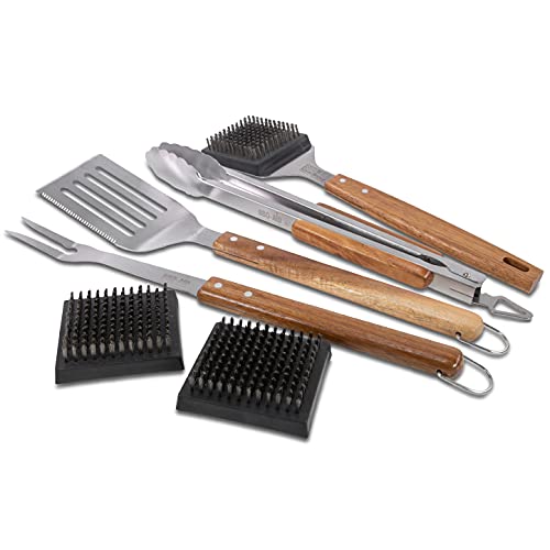 BBQ-AID Pro Grill Set - 6 Piece Bundle - Featuring Grill Brush, Replacement Heads, Spatula, Tongs, and Fork