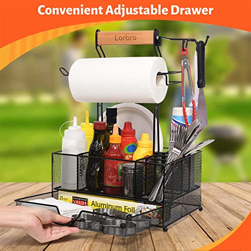 Lorbro Large Grill Utensil Caddy with Drawer, Picnic Camping Caddy with Paper Towel Holder, BBQ Organizer for Grilling Tool, Ideal Organizer for Picnic Condiment and Outdoor Griddle Accessories
