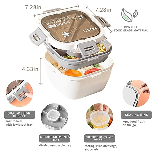Temiminime Salad Lunch Containers for Adults with Portable Bag,60oz/1.7L Large Plastic Salad Bowls for Lunch, BPA-Free, 4-Compartment Tray & a Sauce Cup, Lid with Dual-Latches, White
