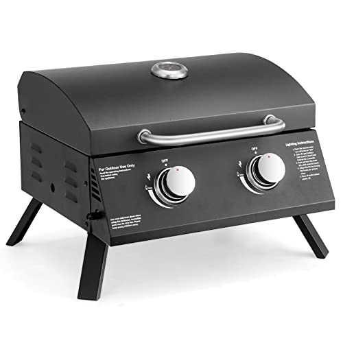 Giantex Portable Gas Grill, 2 Burners Max. 20,000 BTUs total, Tabletop Propane Grill with Built-in Thermometer, Folding Legs, Grease Collector, Camping Gas Grill for Out Cooking Picnic RV BBQ, Black