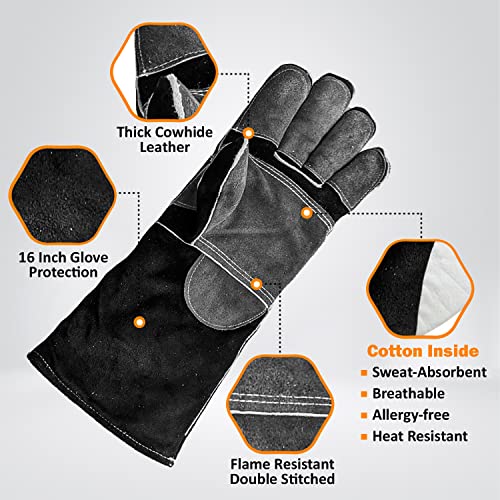 Long Day Camping Co. 16 inch Heat Resistant Wood fire Gloves/Mitts for Grill/Oven/Fireplace/BBQ/Smoker/Mig/Welding/Forge Grey Black