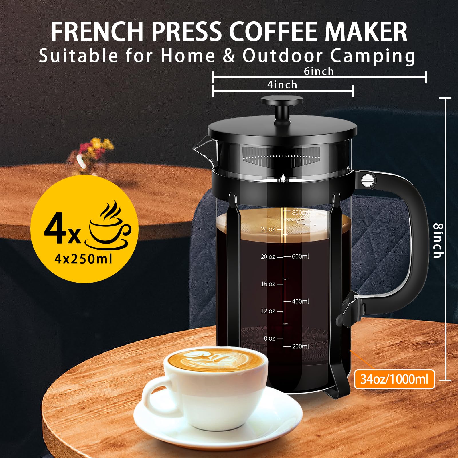 YMMIND French Press Coffee Maker 34oz 304 Stainless Steel Coffee Press,with 4 Filters System, Heat Resistant Thickness Borosilicate French Press Glass, BPA-Free Brewed Tea Pot Coffee Plunger