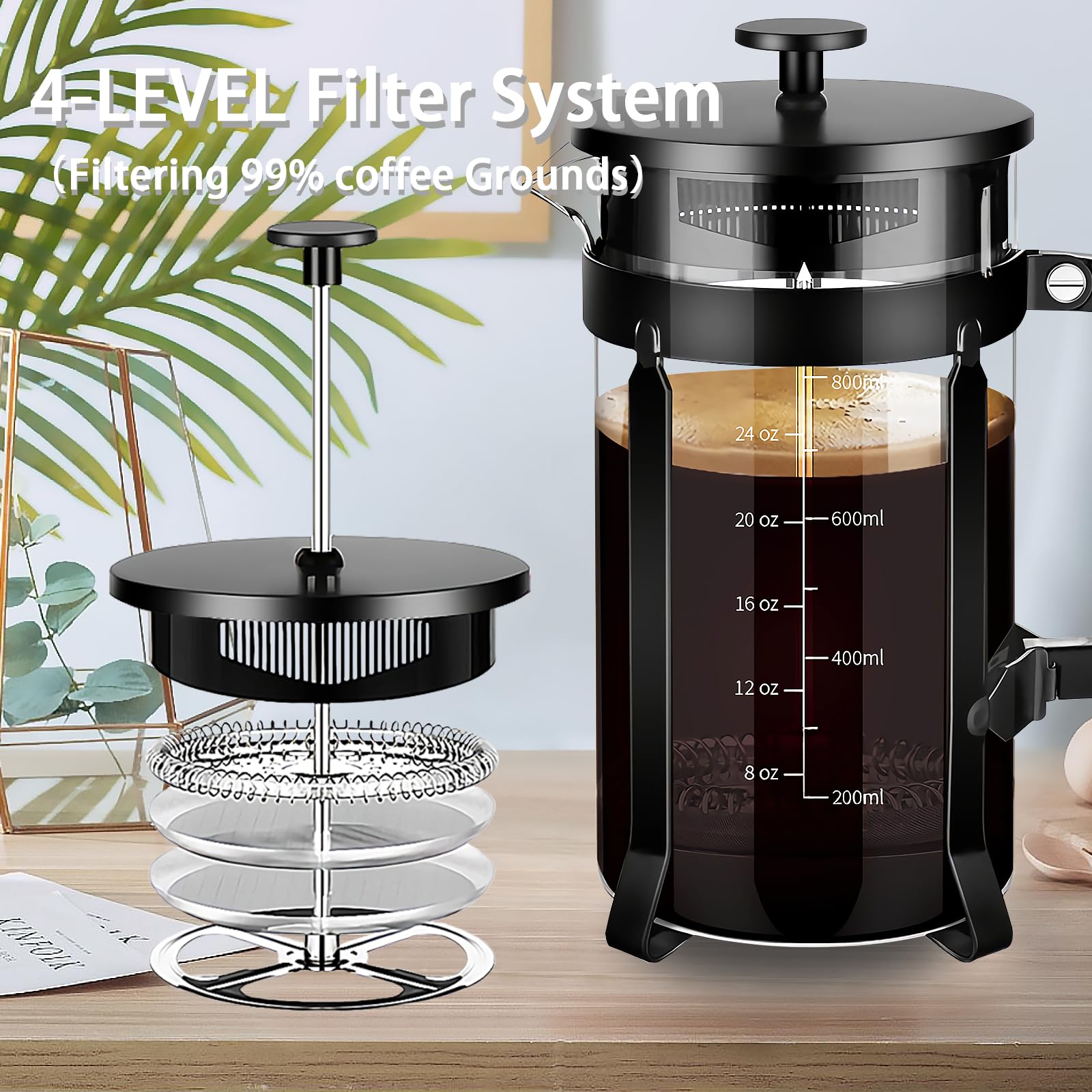 YMMIND French Press Coffee Maker 34oz 304 Stainless Steel Coffee Press,with 4 Filters System, Heat Resistant Thickness Borosilicate French Press Glass, BPA-Free Brewed Tea Pot Coffee Plunger