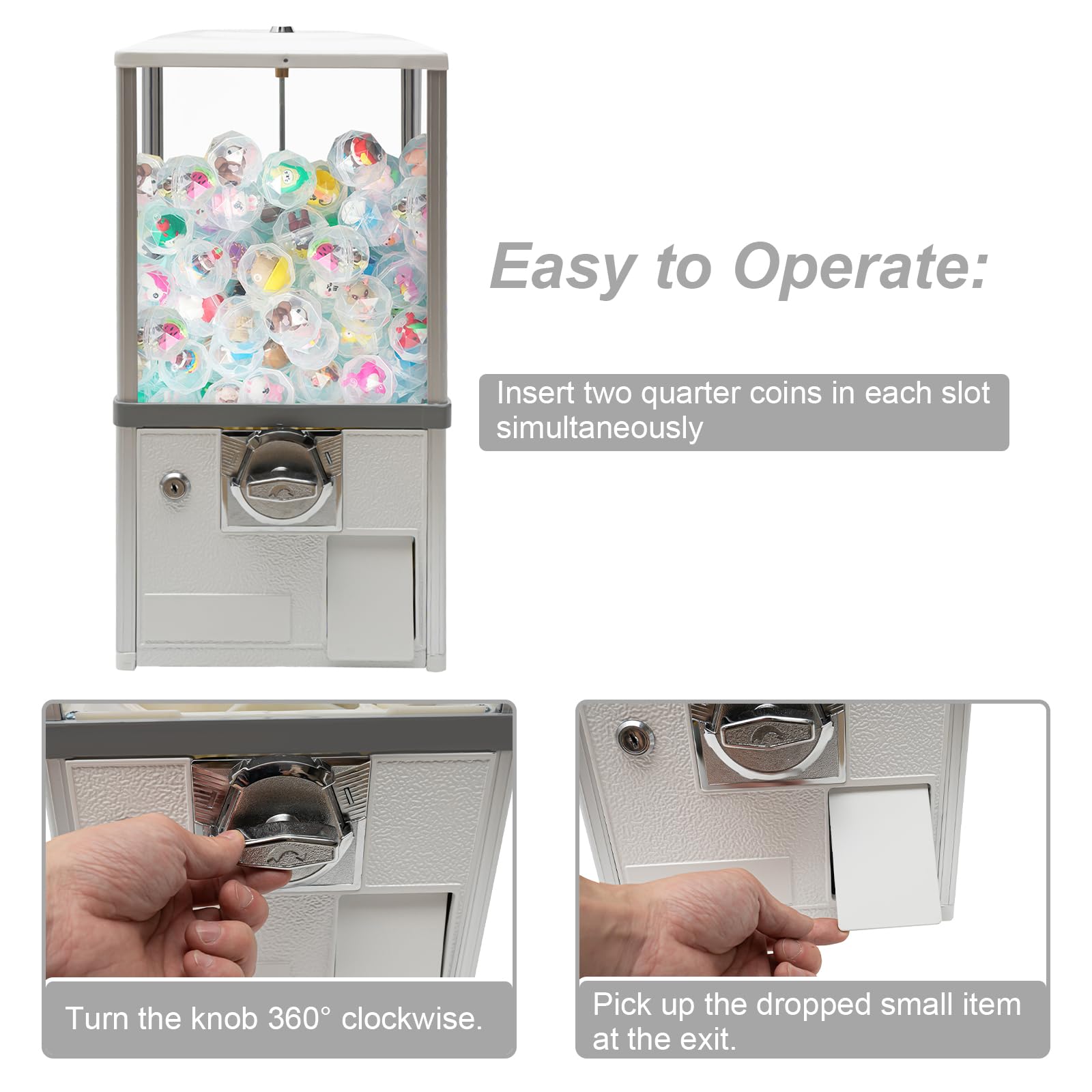 Gdrasuya10 Vending Machine, Gumball Dispenser Machine Huge Load Capacity Gumball Bank High Security Toy Vending Machine for 1.77-1.97in Gumballs/Toys, 25 Cents Coin (White)