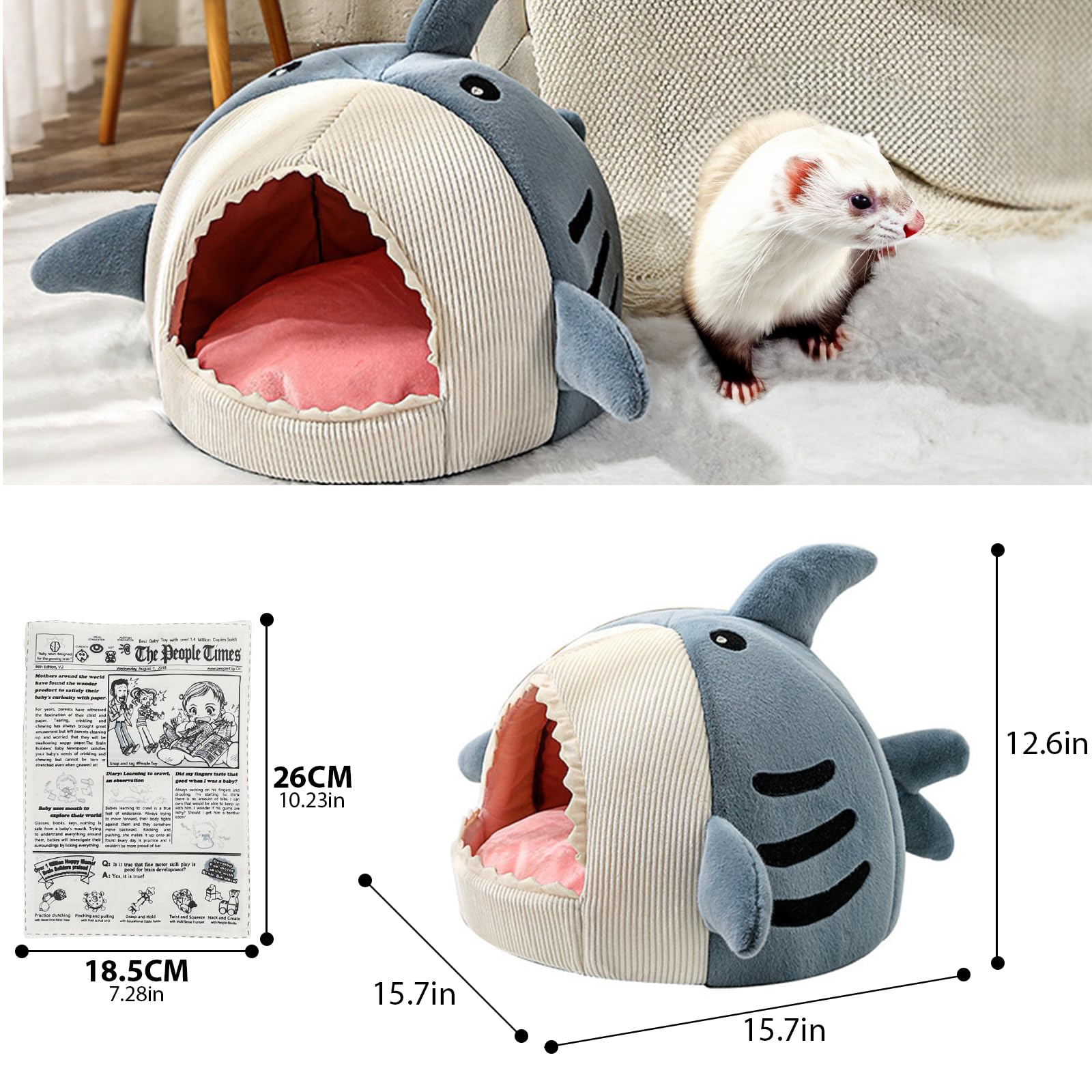 Ferret Bed Cave and Hideouts | Ferret Hammock for Cage | Ferret Hideaway Bed Accessories | for Small Pet Cushion Long Plush Soft Washable for Ferret & Small Animals (Shark Shape)