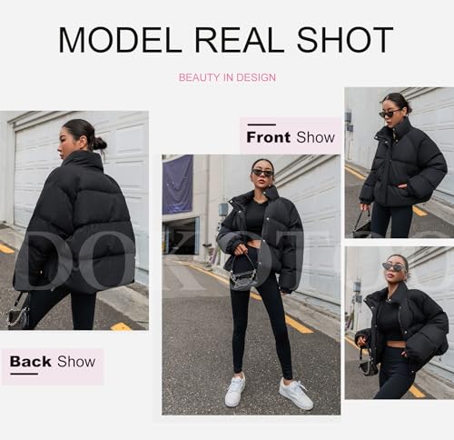 Dokotoo Puffer Jacket Womens Winter Casual Quilted Jackets Fashion Fall Full Zip Up Long Sleeve Drop Shoulder Oversized Stand Collar Padded Coats Baggy Warm Outerwear with Pockets Black XX-Large