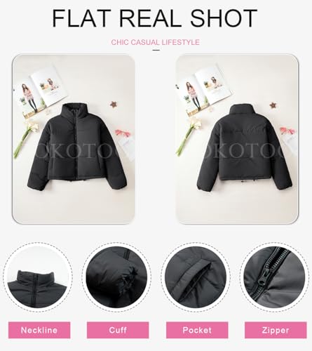 Dokotoo Puffer Jacket Womens Winter Casual Quilted Jackets Fashion Fall Full Zip Up Long Sleeve Drop Shoulder Oversized Stand Collar Padded Coats Baggy Warm Outerwear with Pockets Black XX-Large