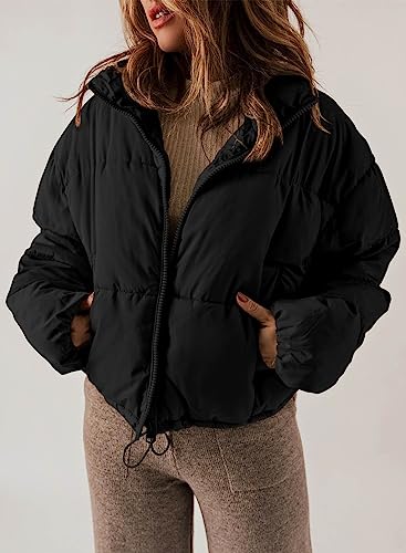 Dokotoo Puffer Jacket Womens Winter Casual Quilted Jackets Fashion Fall Full Zip Up Long Sleeve Drop Shoulder Oversized Stand Collar Padded Coats Baggy Warm Outerwear with Pockets Black XX-Large