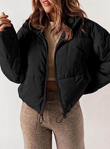 Dokotoo Puffer Jacket Womens Winter Casual Quilted Jackets Fashion Fall Full Zip Up Long Sleeve Drop Shoulder Oversized Stand Collar Padded Coats Baggy Warm Outerwear with Pockets Black XX-Large