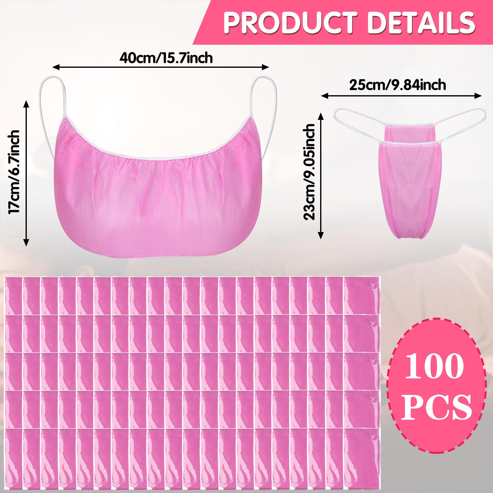 100Pcs Disposable Bra and Panties Women Disposable Bikini T Thong and Bra Spa Underwear for Spa Massage Spray Tanning (Pink)
