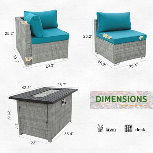 EAGLE PEAK 9 Piece Outdoor Wicker Patio Furniture Set with Fire Table, PE Rattan Sectional Conversation Sofa Set with Seating for 8 People, Light Blue