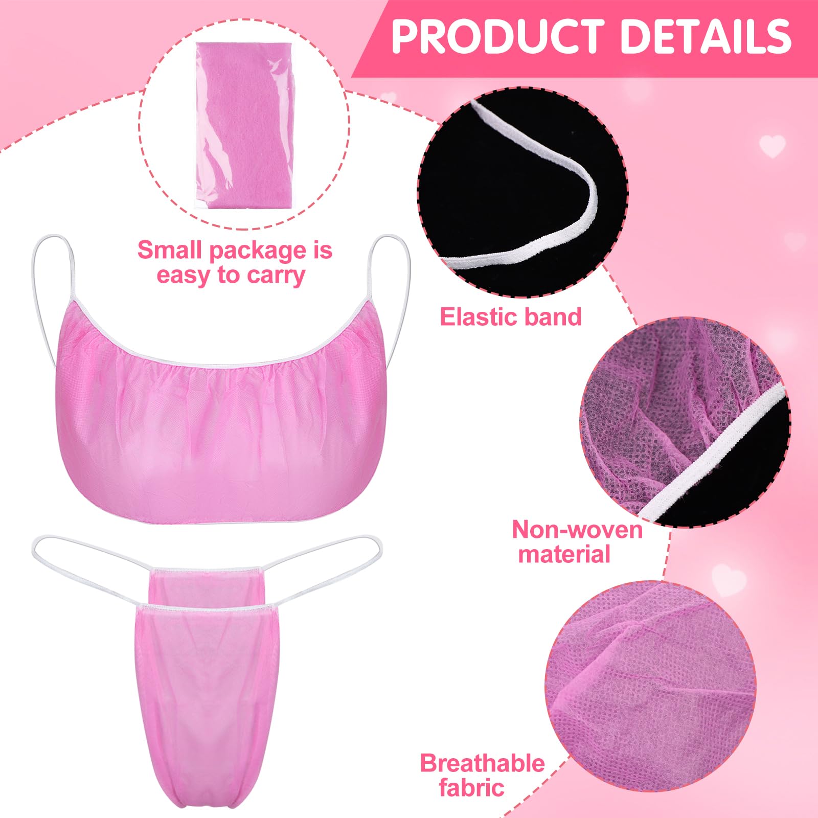 100Pcs Disposable Bra and Panties Women Disposable Bikini T Thong and Bra Spa Underwear for Spa Massage Spray Tanning (Pink)