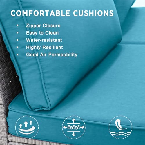 EAGLE PEAK 9 Piece Outdoor Wicker Patio Furniture Set with Fire Table, PE Rattan Sectional Conversation Sofa Set with Seating for 8 People, Light Blue