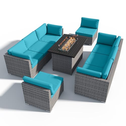 EAGLE PEAK 9 Piece Outdoor Wicker Patio Furniture Set with Fire Table, PE Rattan Sectional Conversation Sofa Set with Seating for 8 People, Light Blue