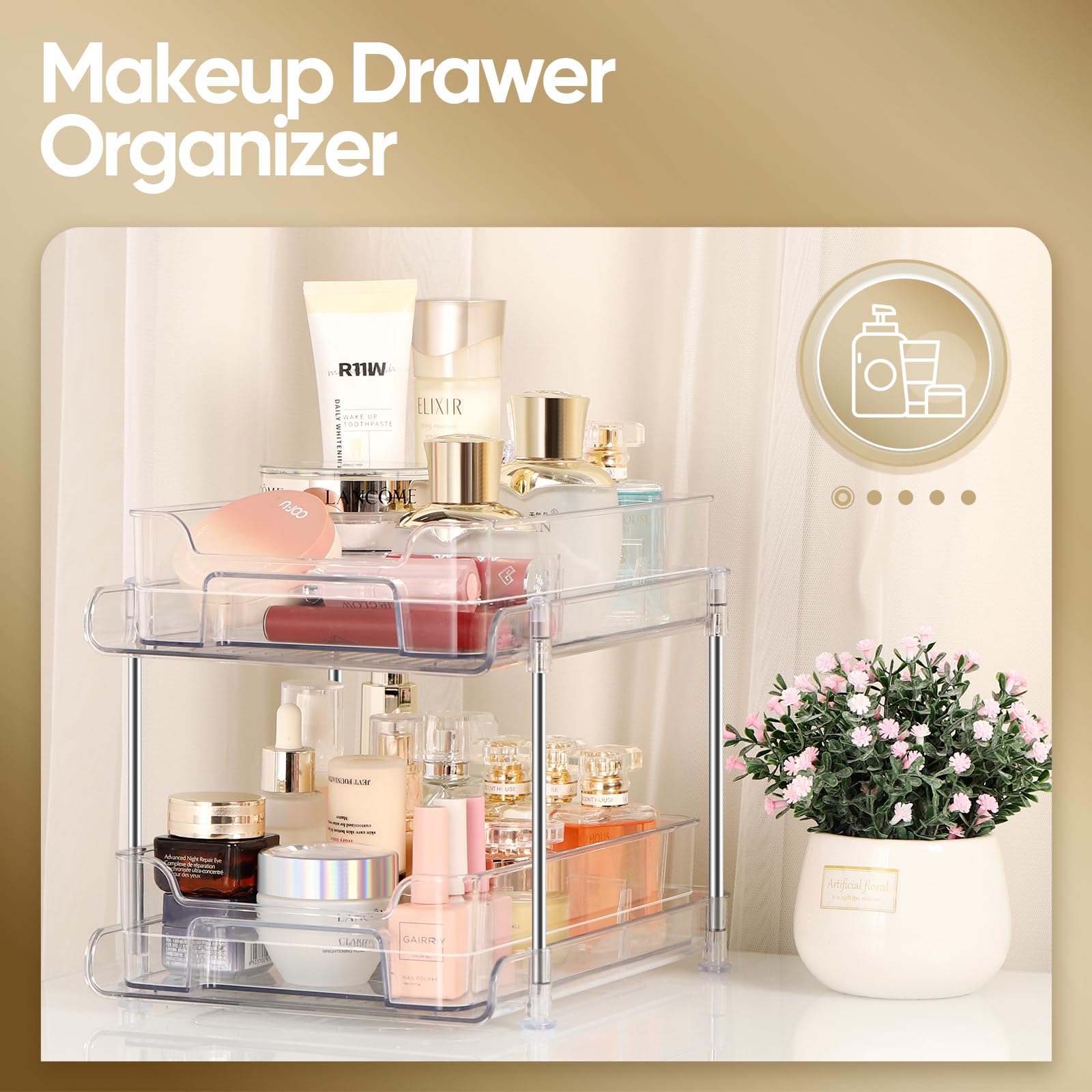 DAMEING Under Bathroom Sink Organizer, 2 Tier Clear Pull Out Storage Cabinet with Dividers, Multi-Purpose Organizer and Storage Bin for Home Medicine Snack Cosmetic