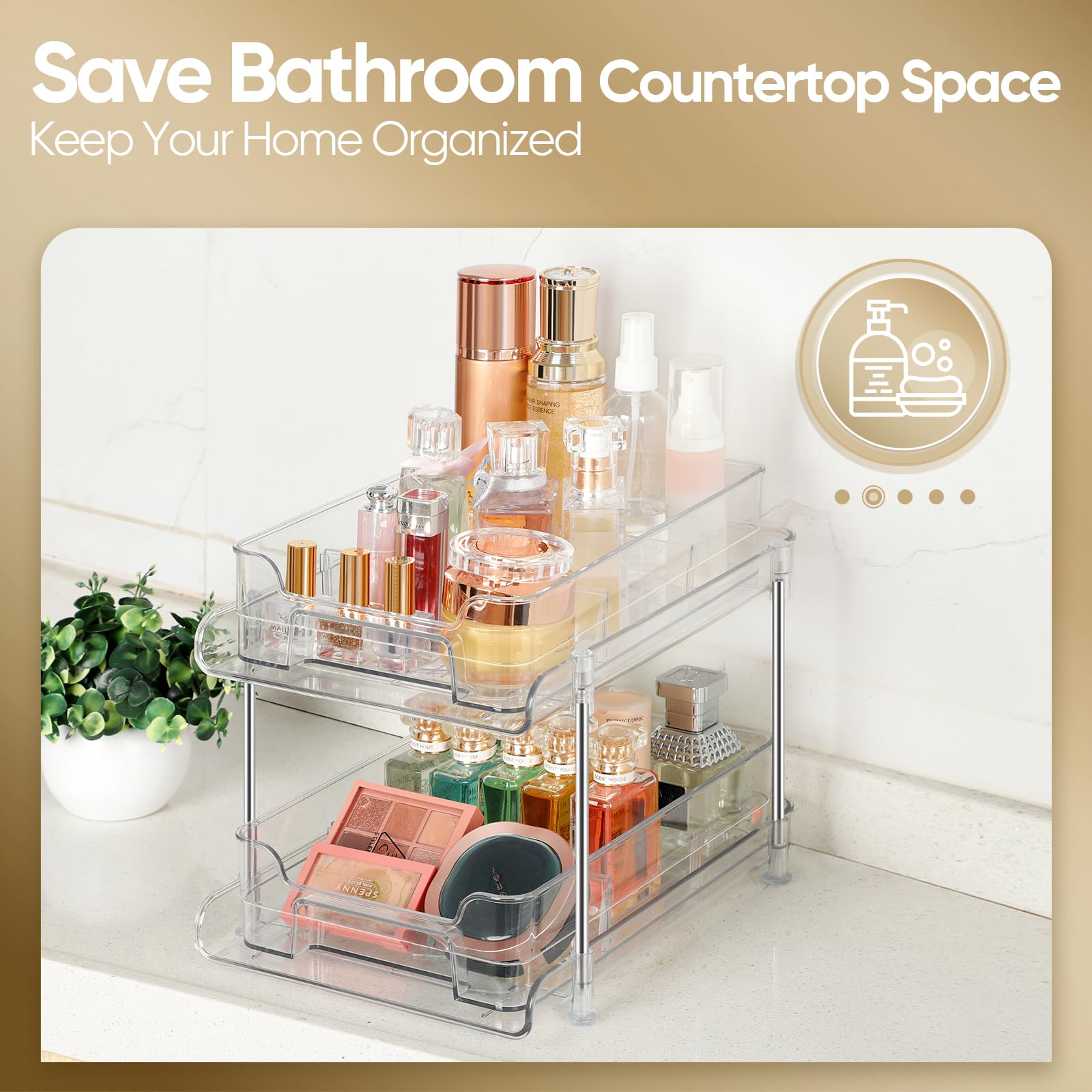 DAMEING Under Bathroom Sink Organizer, 2 Tier Clear Pull Out Storage Cabinet with Dividers, Multi-Purpose Organizer and Storage Bin for Home Medicine Snack Cosmetic