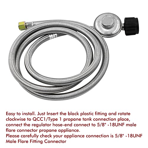 MENSI 6 Feet Propane Gas Fire Pit, Barbecue Grill, Camping Stove, Heater QCC Low Pressure Max 1/2PSI Regulator with Stainless Braided Hose with 5/8" -18UNF Female Flare End
