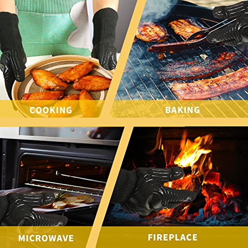 BBQ Gloves, 1472°F Heat Resistant Gloves Fireproof Mitts,Grilling Gloves Silicone Non-Slip Washable Oven Gloves, Kitchen Gloves for Barbecue, Grilling, Cooking, Baking, Camping, Smoker (Black)
