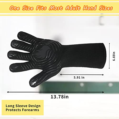 BBQ Gloves, 1472°F Heat Resistant Gloves Fireproof Mitts,Grilling Gloves Silicone Non-Slip Washable Oven Gloves, Kitchen Gloves for Barbecue, Grilling, Cooking, Baking, Camping, Smoker (Black)