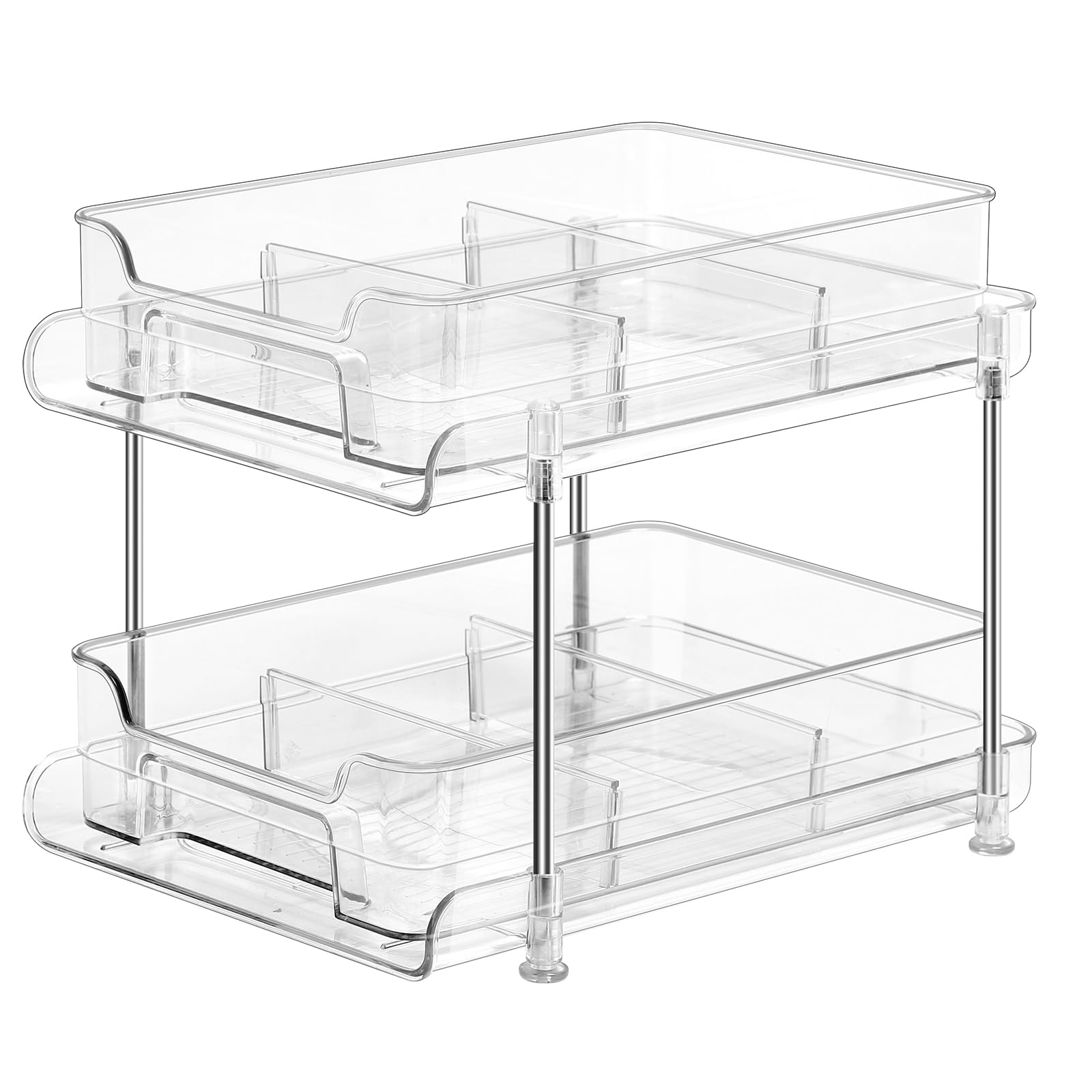 DAMEING Under Bathroom Sink Organizer, 2 Tier Clear Pull Out Storage Cabinet with Dividers, Multi-Purpose Organizer and Storage Bin for Home Medicine Snack Cosmetic