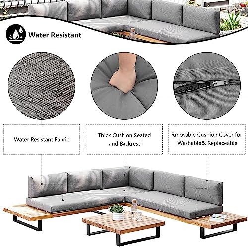 Homedot Patio Sofa Set with Metal Frame, Extra Large L Shaped Outdoor Sectional Sofa Set with Built-in Side Table, Modern Patio Conversation Set with Coffee Table&Removable Cushion for Garden