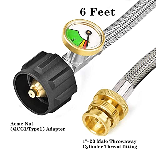 MCAMPAS 6FT Propane Hose Adapter 1lb to 20lb with Guage,1lb to 20lb Stainless Braided Propane Propane Tank Hose Adapter Converter for Coleman Stoves, Blackstone Grills, Buddy Heater, Tabletop Grill