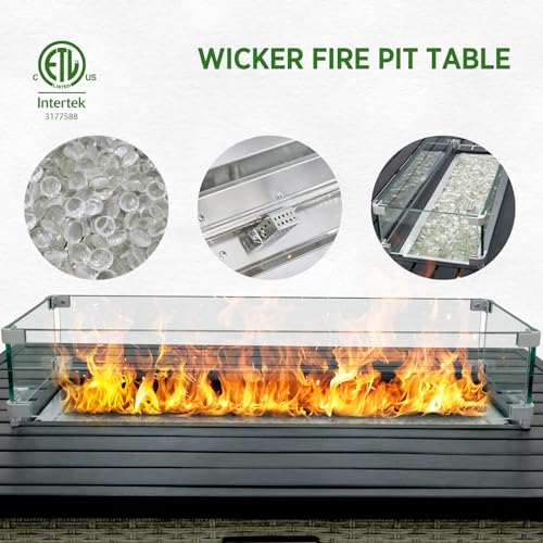 EAGLE PEAK 8 Piece Outdoor Wicker Patio Furniture Set with Fire Table and Coffee Table, PE Rattan Sectional Conversation Sofa Set with Seating for 6 People, Light Blue