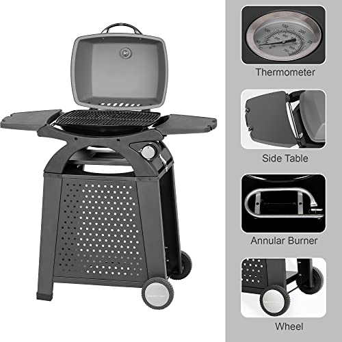 MASTER COOK Gas Grill, BBQ Propane Gas Grill with Side Tables Grill Cart, Portable Tabletop Gas Grill for Patio, Beach, Picnic, Outdoor Camping