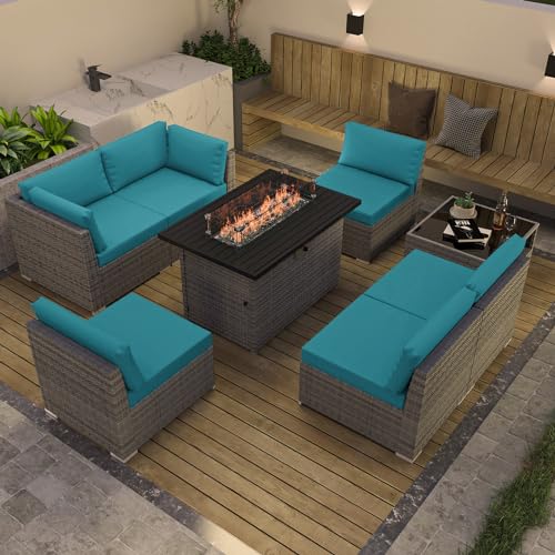 EAGLE PEAK 8 Piece Outdoor Wicker Patio Furniture Set with Fire Table and Coffee Table, PE Rattan Sectional Conversation Sofa Set with Seating for 6 People, Light Blue