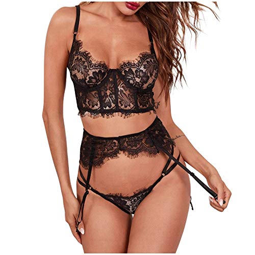 wodceeke Sexy Sling Lace Lingerie Three-piece For Women Perspective Embroidered Bodysuit Seductive Underwear With Garter (Black, XXL)