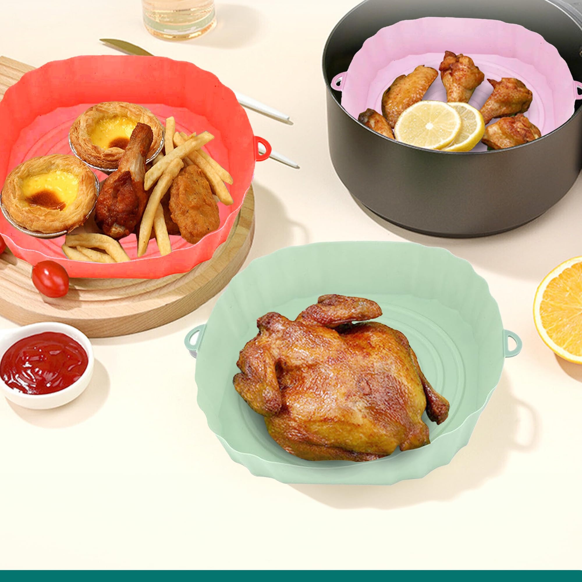 Silicone Air Fryer Accessories Pack of 3(Green, Pink, Red) Liner Basket Air Fryer Silicone Pot Tray, Reusable Air Fryer Silicone Basket Heat Resistant Easy Cleaning, Oven Baking Tray