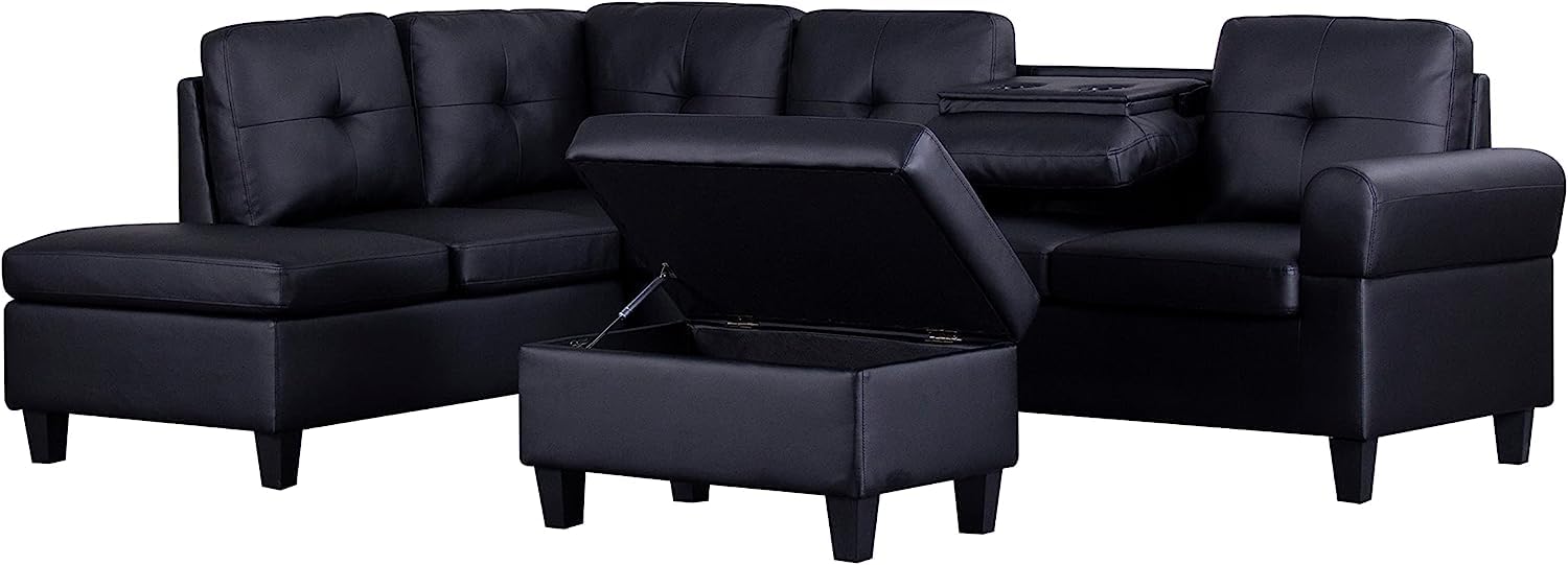 EMKK 105" L-Shape Sofa Couch with Chaise Lounge,Modern Linen Fabric Upholstery Sectional Sofá with Storage Ottoman 2 Pillows for Living Room Furniture Set, Apartment and Large Space, Black PU