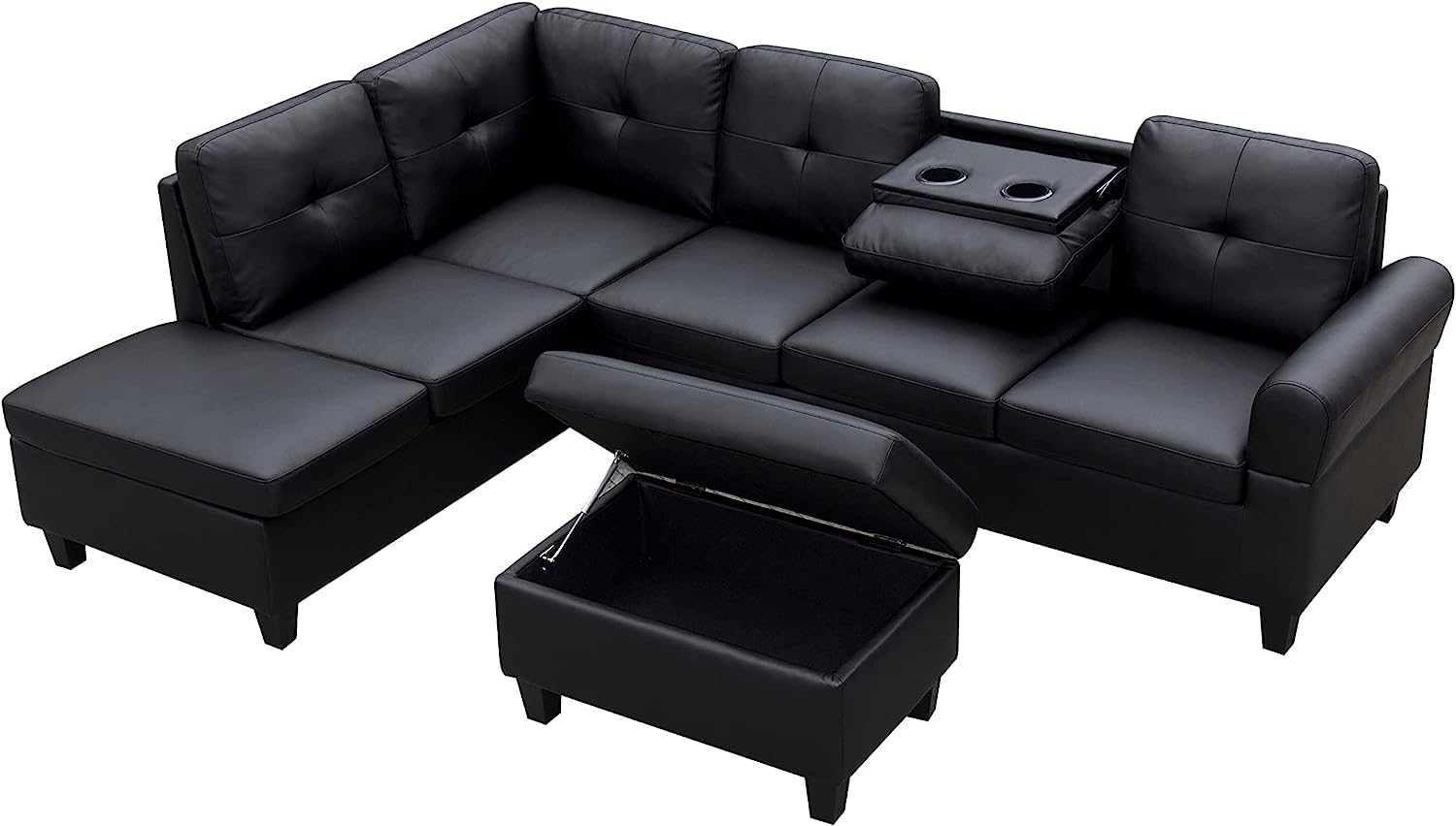 EMKK 105" L-Shape Sofa Couch with Chaise Lounge,Modern Linen Fabric Upholstery Sectional Sofá with Storage Ottoman 2 Pillows for Living Room Furniture Set, Apartment and Large Space, Black PU