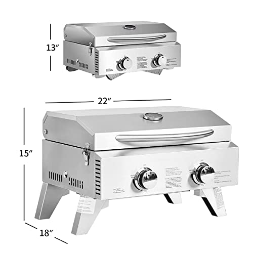 Happygrill Portable Gas Grill Stainless Steel Propane Grill Two-Burner Outdoor BBQ Grill with Foldable Leg for Camping Picnics, 20,000 BTU
