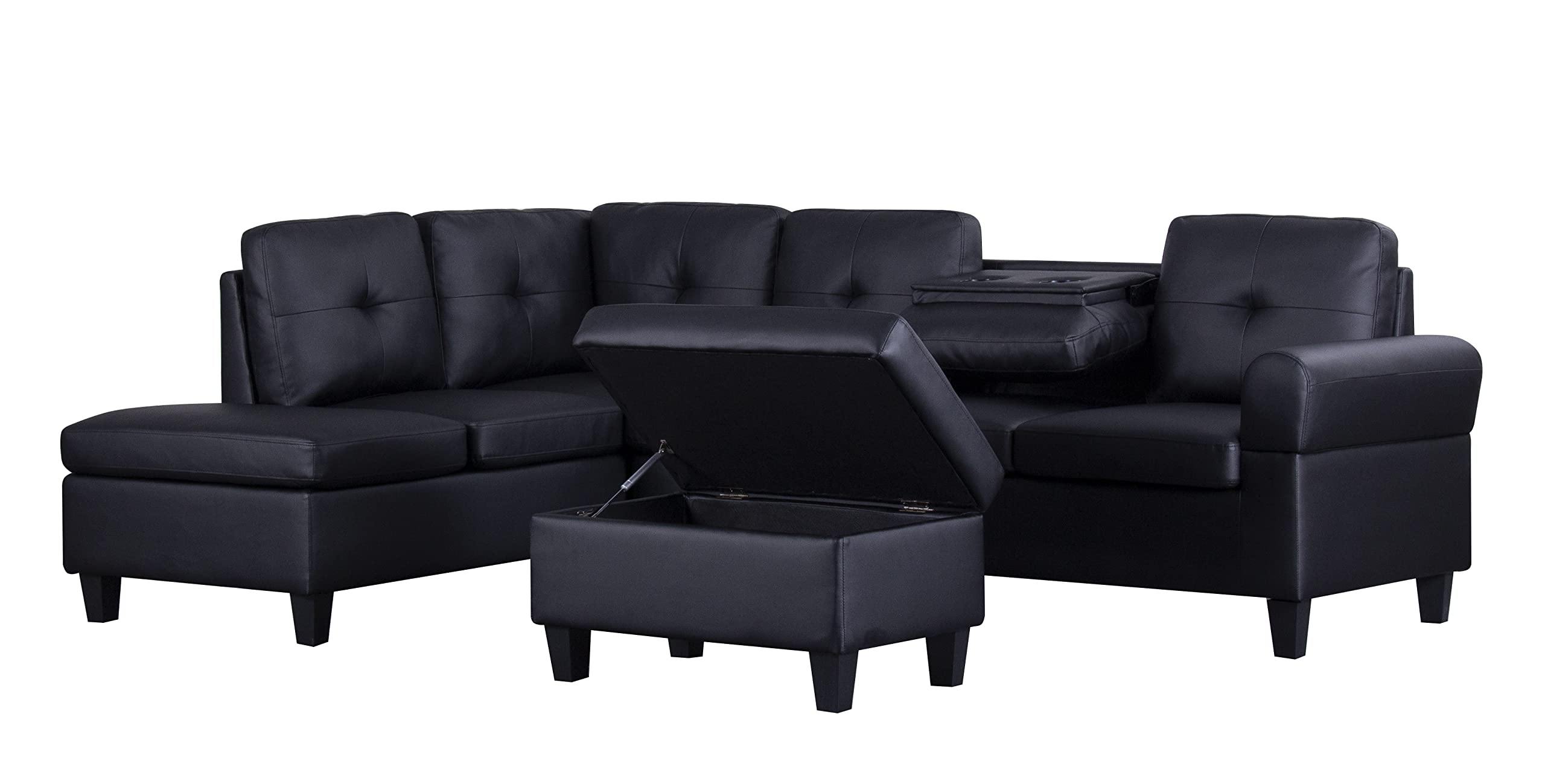EMKK 105" L-Shape Sofa Couch with Chaise Lounge,Modern Linen Fabric Upholstery Sectional Sofá with Storage Ottoman 2 Pillows for Living Room Furniture Set, Apartment and Large Space, Black PU