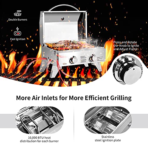 Happygrill Portable Gas Grill Stainless Steel Propane Grill Two-Burner Outdoor BBQ Grill with Foldable Leg for Camping Picnics, 20,000 BTU
