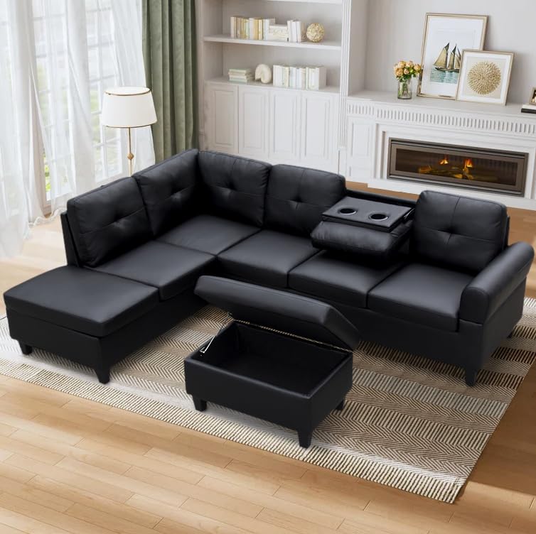 EMKK 105" L-Shape Sofa Couch with Chaise Lounge,Modern Linen Fabric Upholstery Sectional Sofá with Storage Ottoman 2 Pillows for Living Room Furniture Set, Apartment and Large Space, Black PU