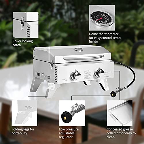 Happygrill Portable Gas Grill Stainless Steel Propane Grill Two-Burner Outdoor BBQ Grill with Foldable Leg for Camping Picnics, 20,000 BTU