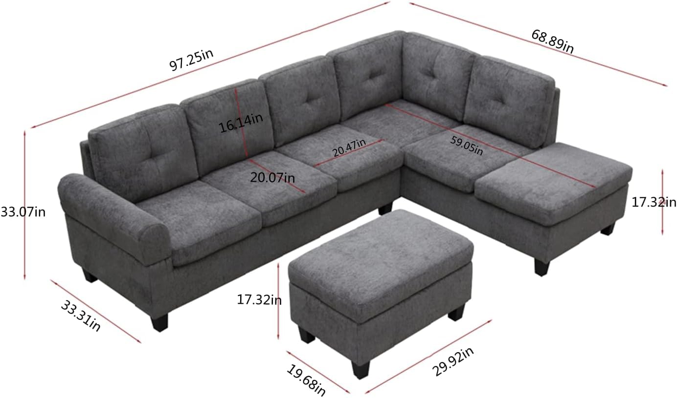 EMKK 105" L-Shape Sofa Couch with Chaise Lounge,Modern Linen Fabric Upholstery Sectional Sofá with Storage Ottoman 2 Pillows for Living Room Furniture Set, Apartment and Large Space, Black PU