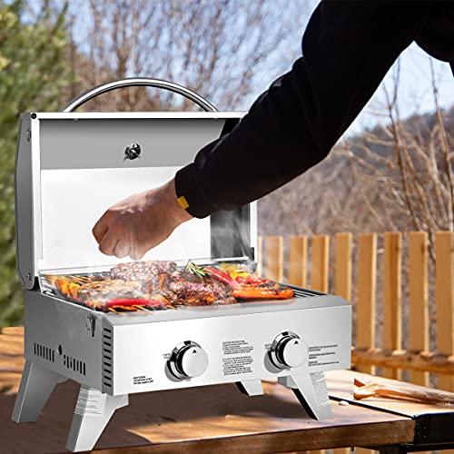 Happygrill Portable Gas Grill Stainless Steel Propane Grill Two-Burner Outdoor BBQ Grill with Foldable Leg for Camping Picnics, 20,000 BTU