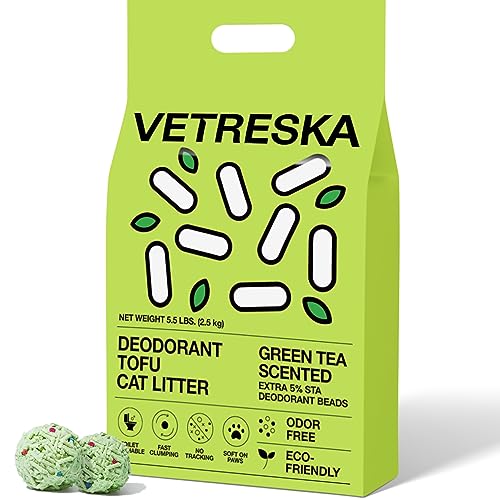 VETRESKA Tofu Cat Litter,Natural Kitty Litter Strong Clumping Flushable Cat Litter Pellets Ultra Absorbent Deodorant Tofu Litter,Dust-Free,Low Tracking,Eco-Friendly,Green Tea(5.5lb×1bag)