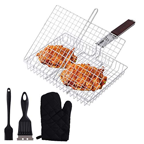 Green Science Portable Grill Basket - Food Grade 304 Stainless Steel BBQ Barbecue Tool with Handle for Outdoor - Steak, Meat, Fish, Shrimp, Pork, Vegetables Grilling Basket