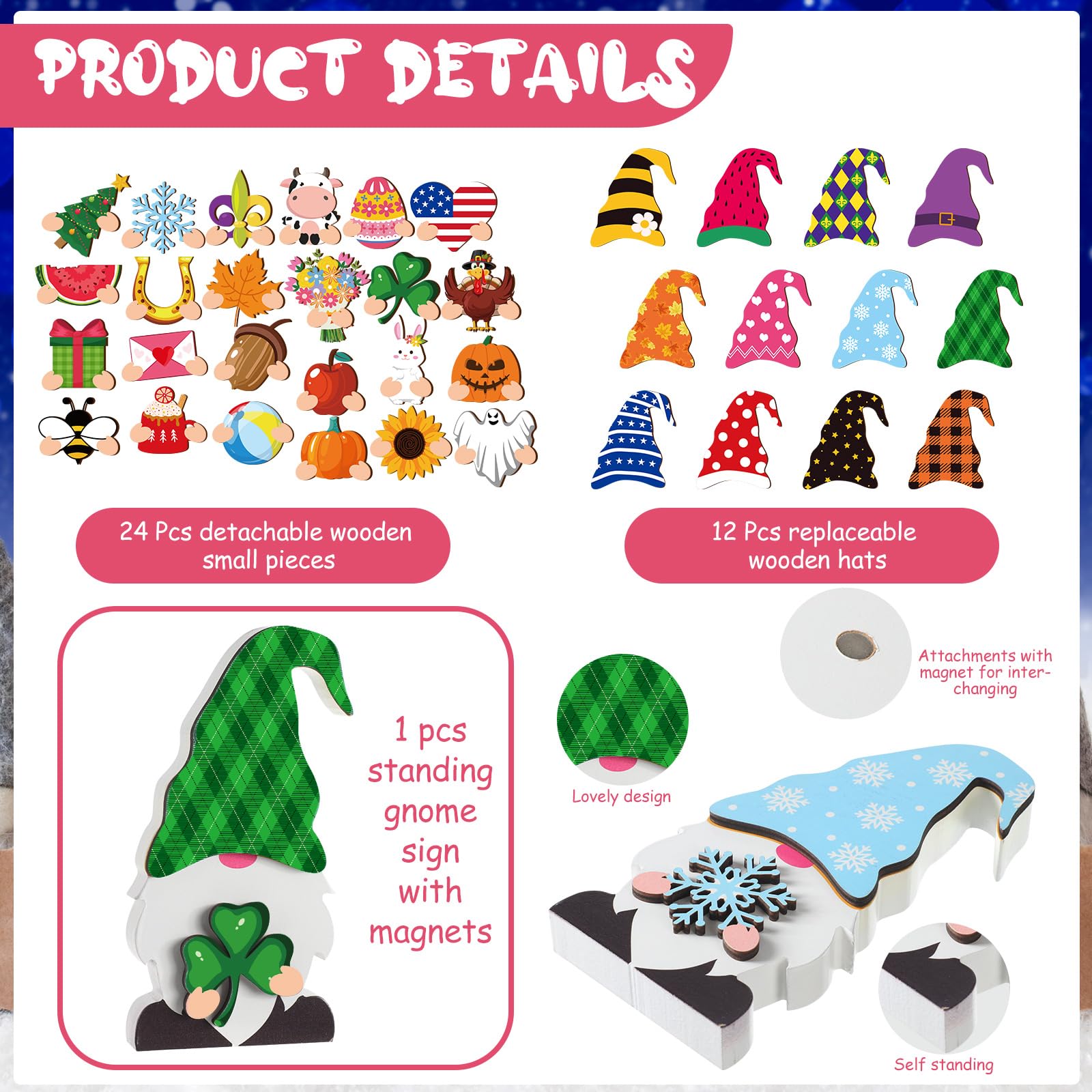 Thyle 37 Pcs Christmas Interchangeable Wooden Gnome Decor DIY Holiday Winter Seasonal Tiered Tray Decoration with Magnet Pieces Welcome Sign for Xmas Decorations