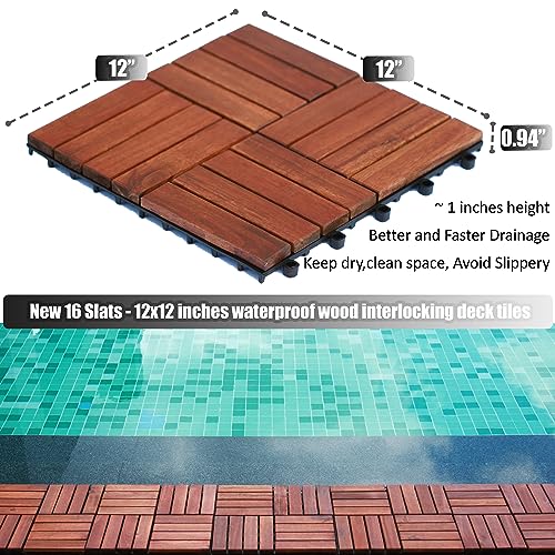 10 PCs Acacia Wood 12x12 inches, Interlocking Deck Tiles Outdoor All Weather, 12 Slats (Teak-9pcs)