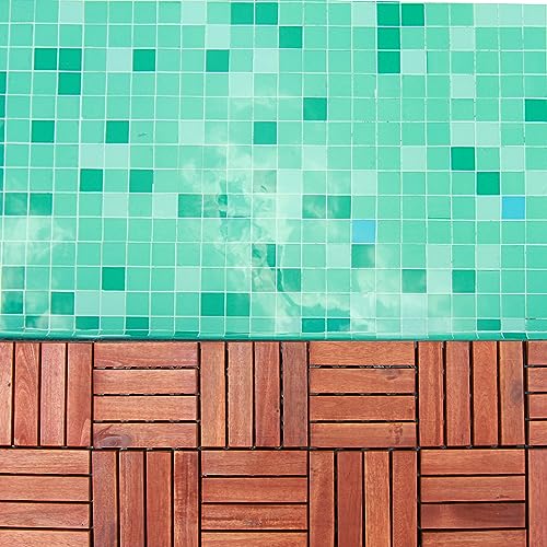 10 PCs Acacia Wood 12x12 inches, Interlocking Deck Tiles Outdoor All Weather, 12 Slats (Teak-9pcs)